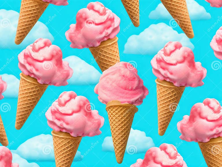 Pink Ice Cream In A Waffle Cone On A Blue Background Stock Illustration