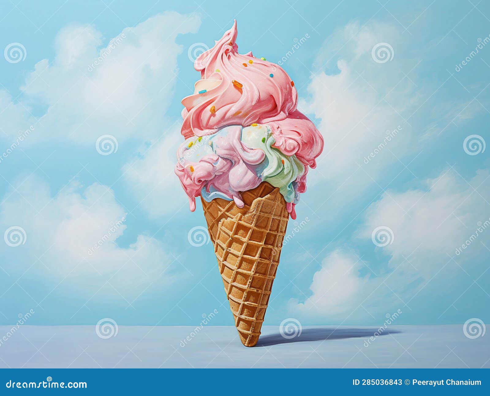 Pink Ice Cream and Waffle Cone with Light Blue Background Stock ...