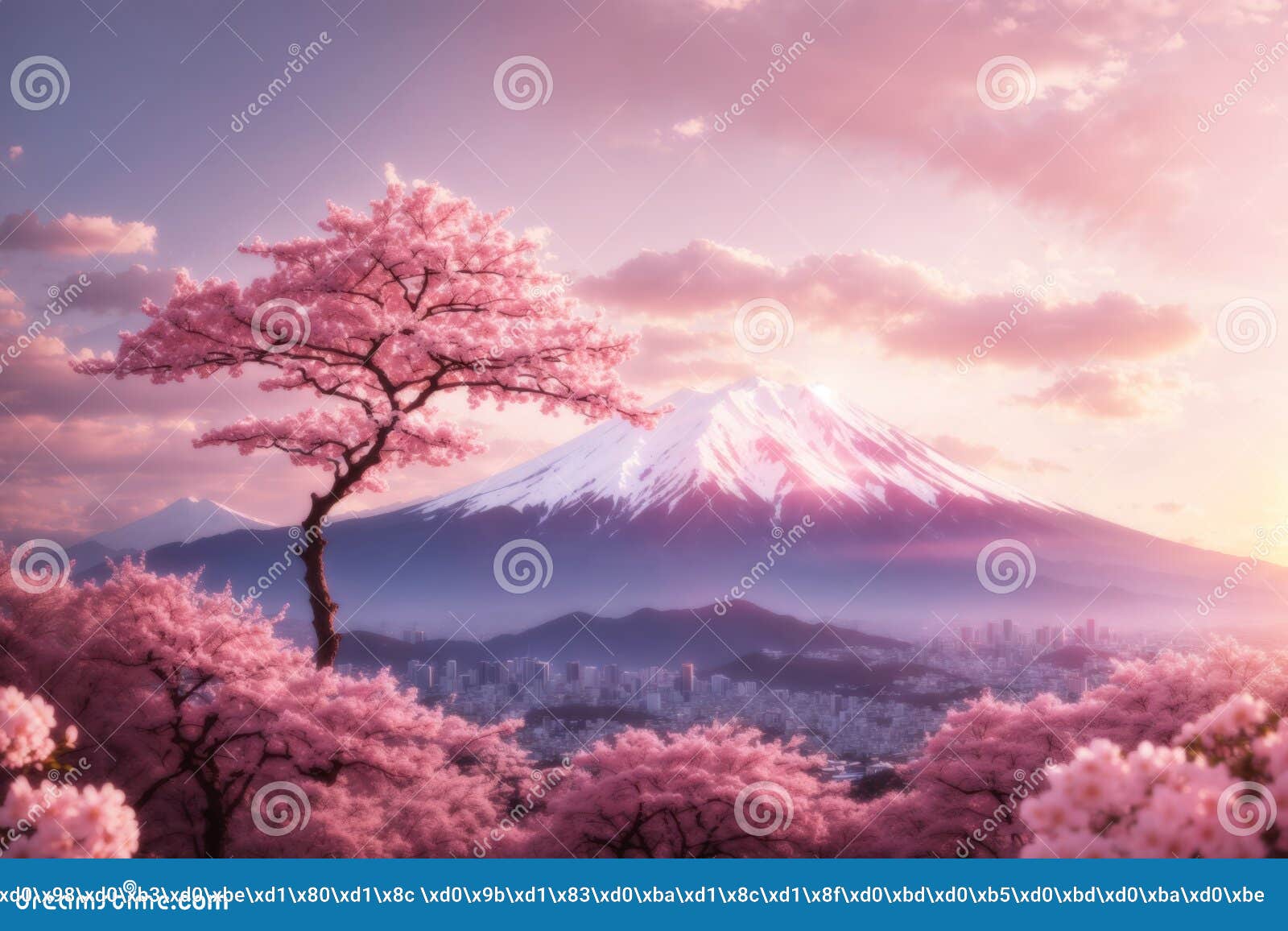 Pink Inspired Mountain Fuji Cherry Tree Royalty-Free Cartoon ...