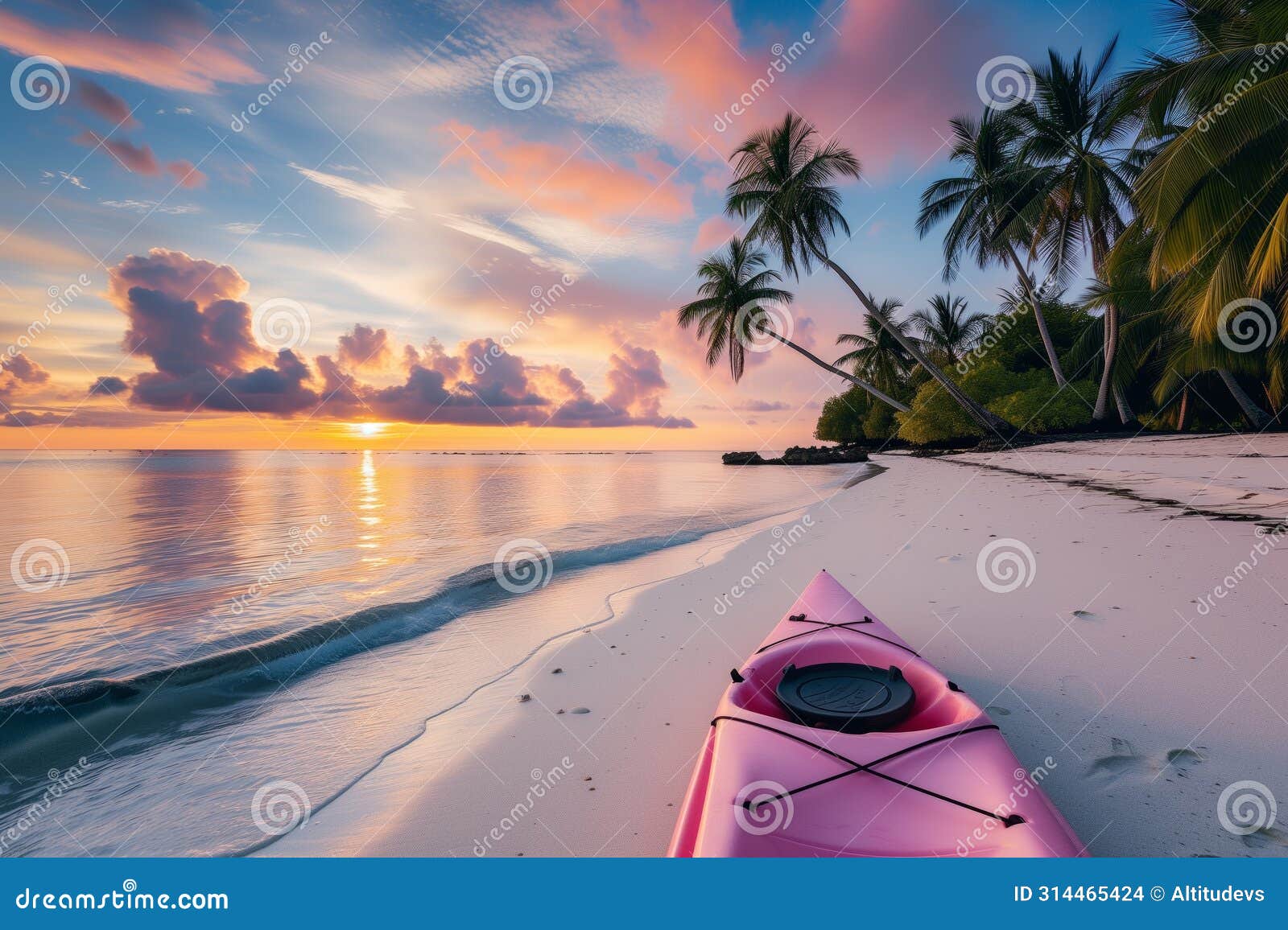 Pink Kayak on Tropical Beach, Palm Trees, Sunset Stock Photo - Image of ...