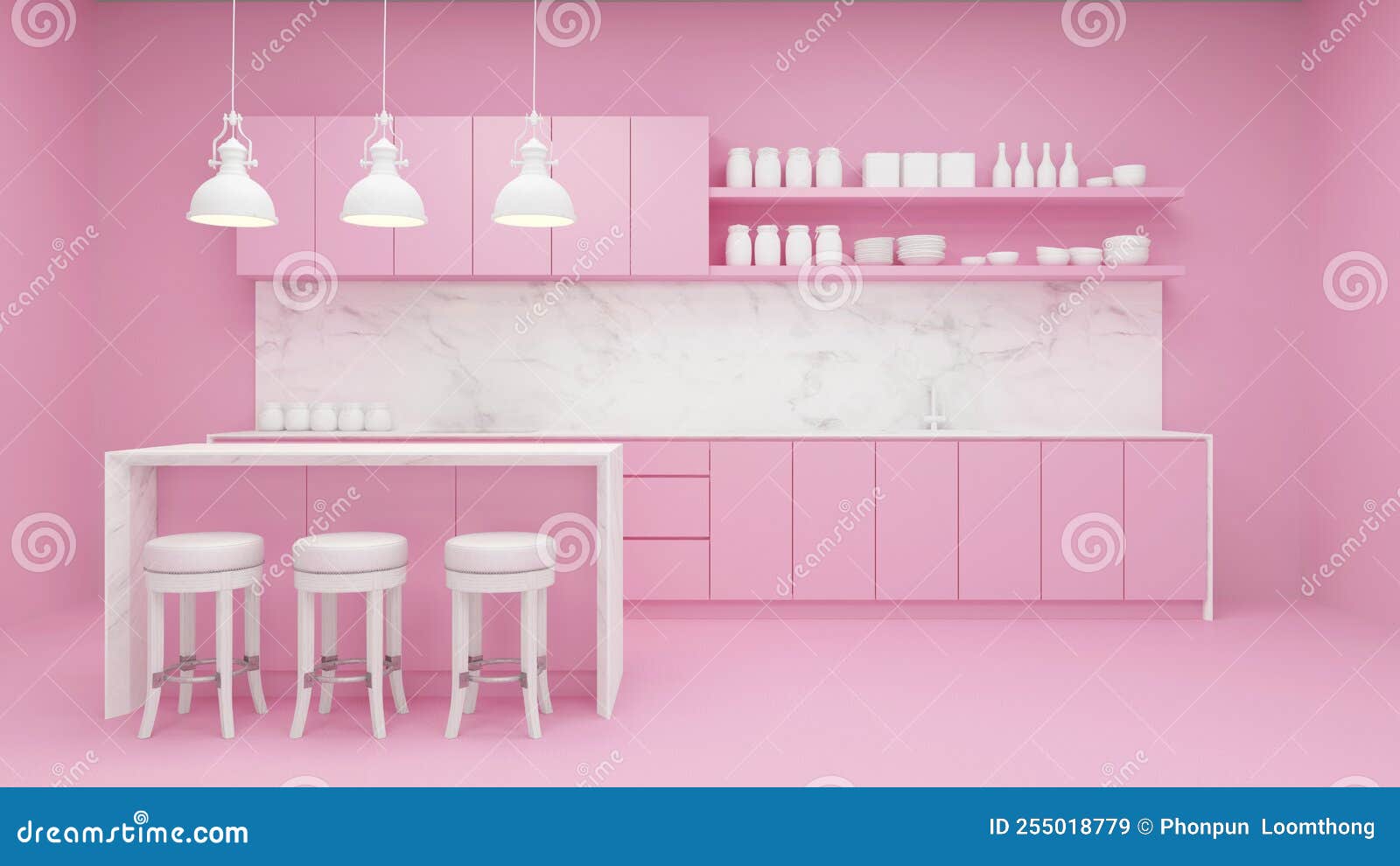 Pink Kitchen Backdrop with Built-in Furniture. 3D Rendering Stock ...