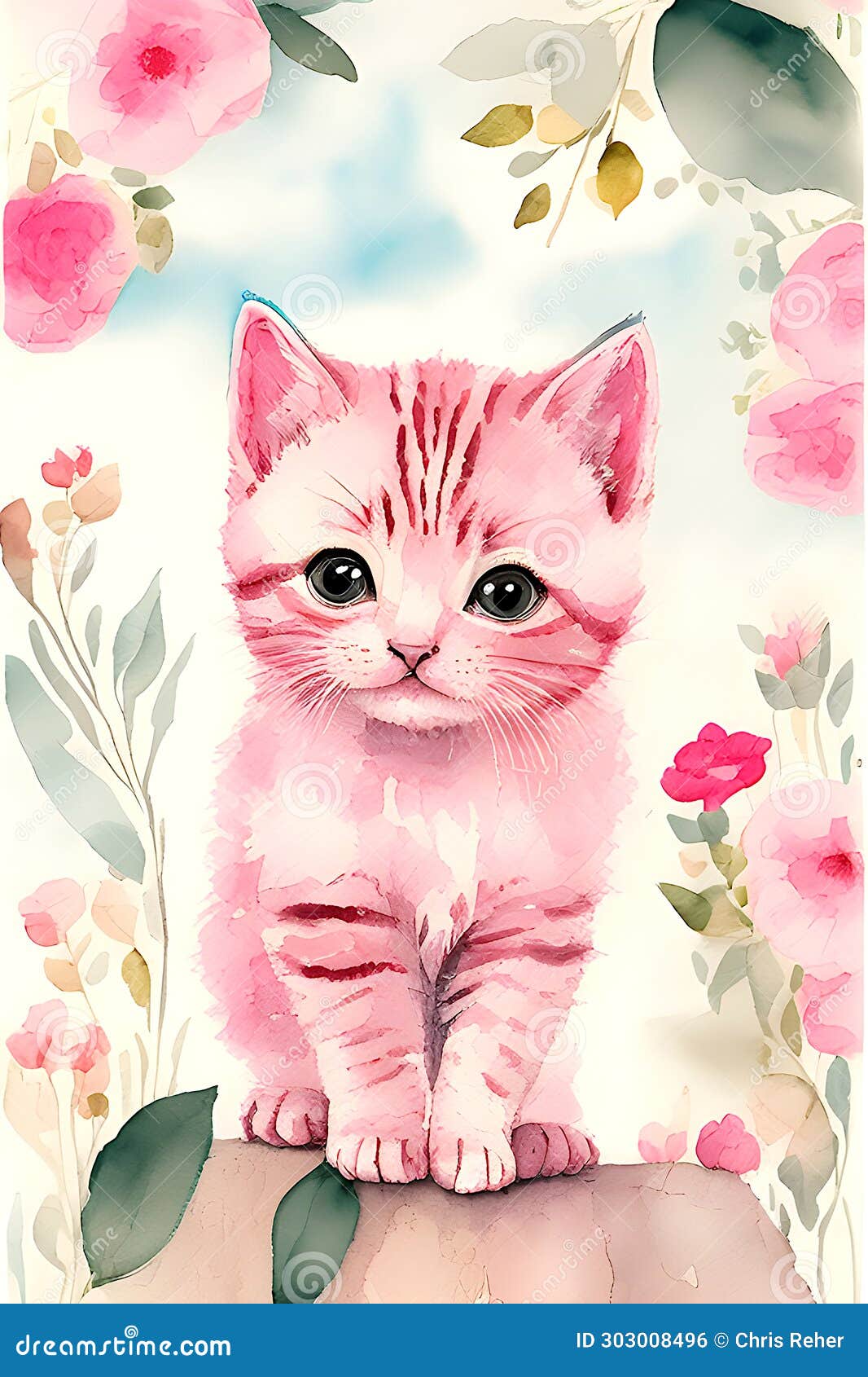 A pink kitten stock photo. Image of watercolor, kids - 303008496