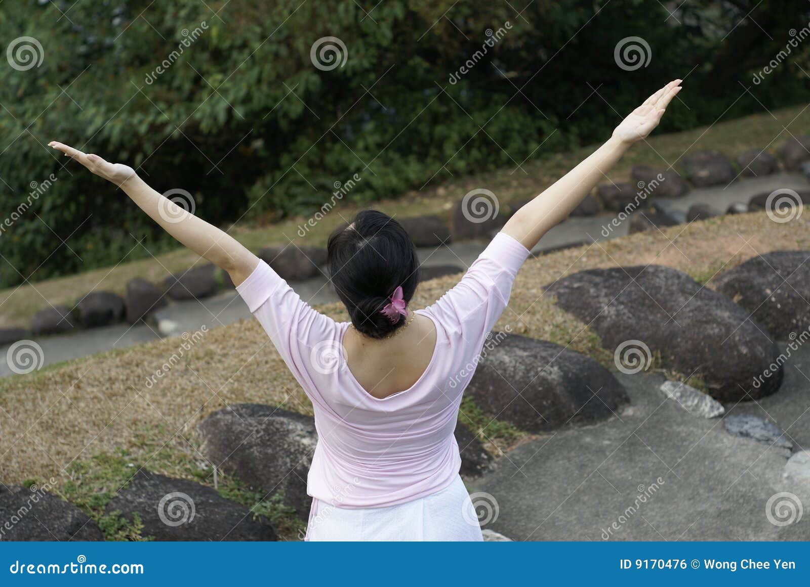Pink Lady Raise Arms Outdoors Stock Photo - Image of arms, optimistic ...