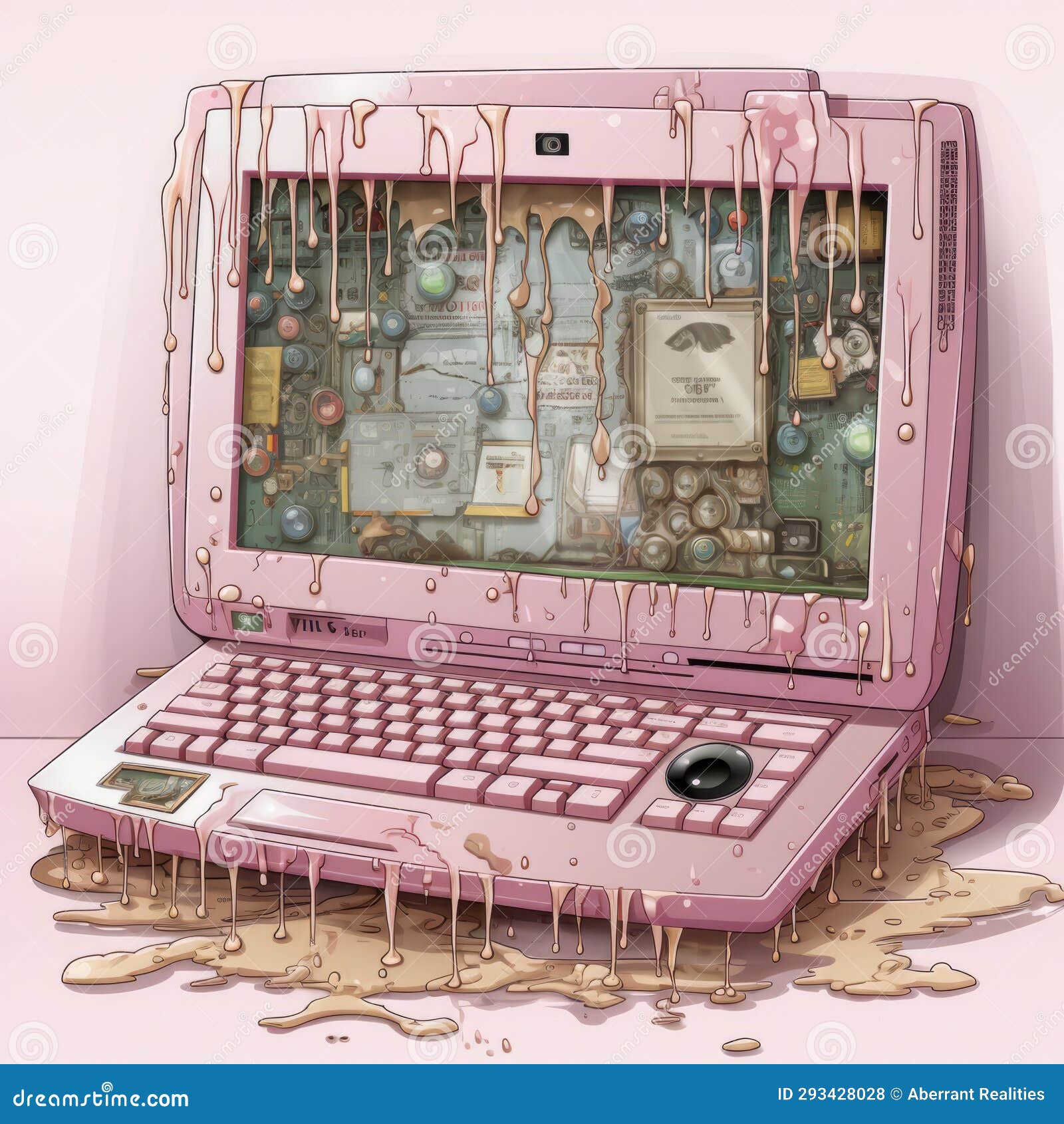 A Pink Laptop Computer with a Dripping Liquid on it Stock Illustration ...