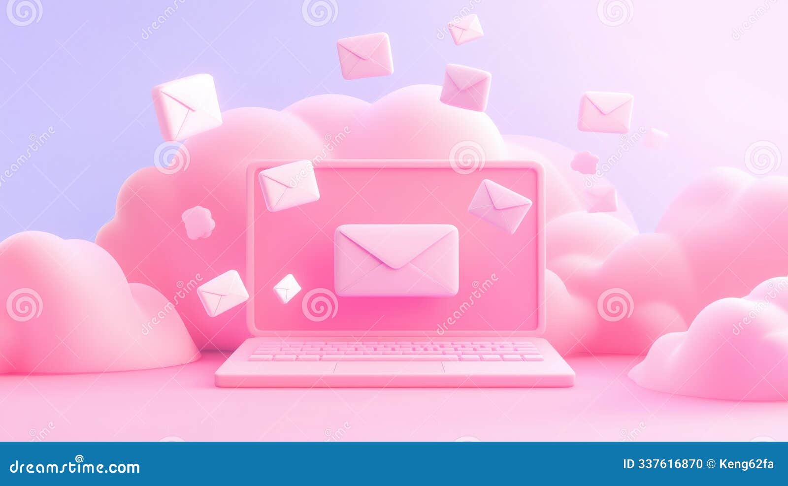 Pink Laptop with Floating Email Icons in Cloud Environment Stock ...
