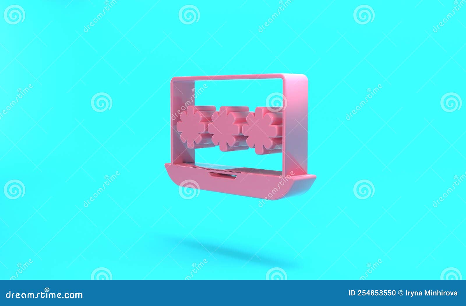 Pink Laptop with Password Notification Icon Isolated on Turquoise Blue ...