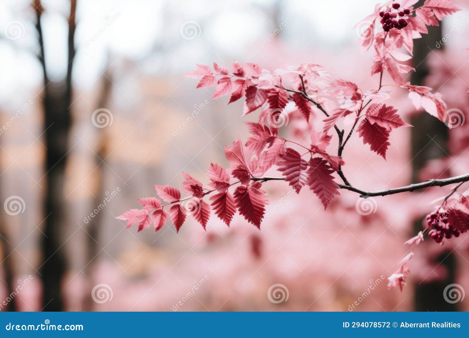 Pink Leaves on a Tree Branch in a Forest Stock Illustration ...