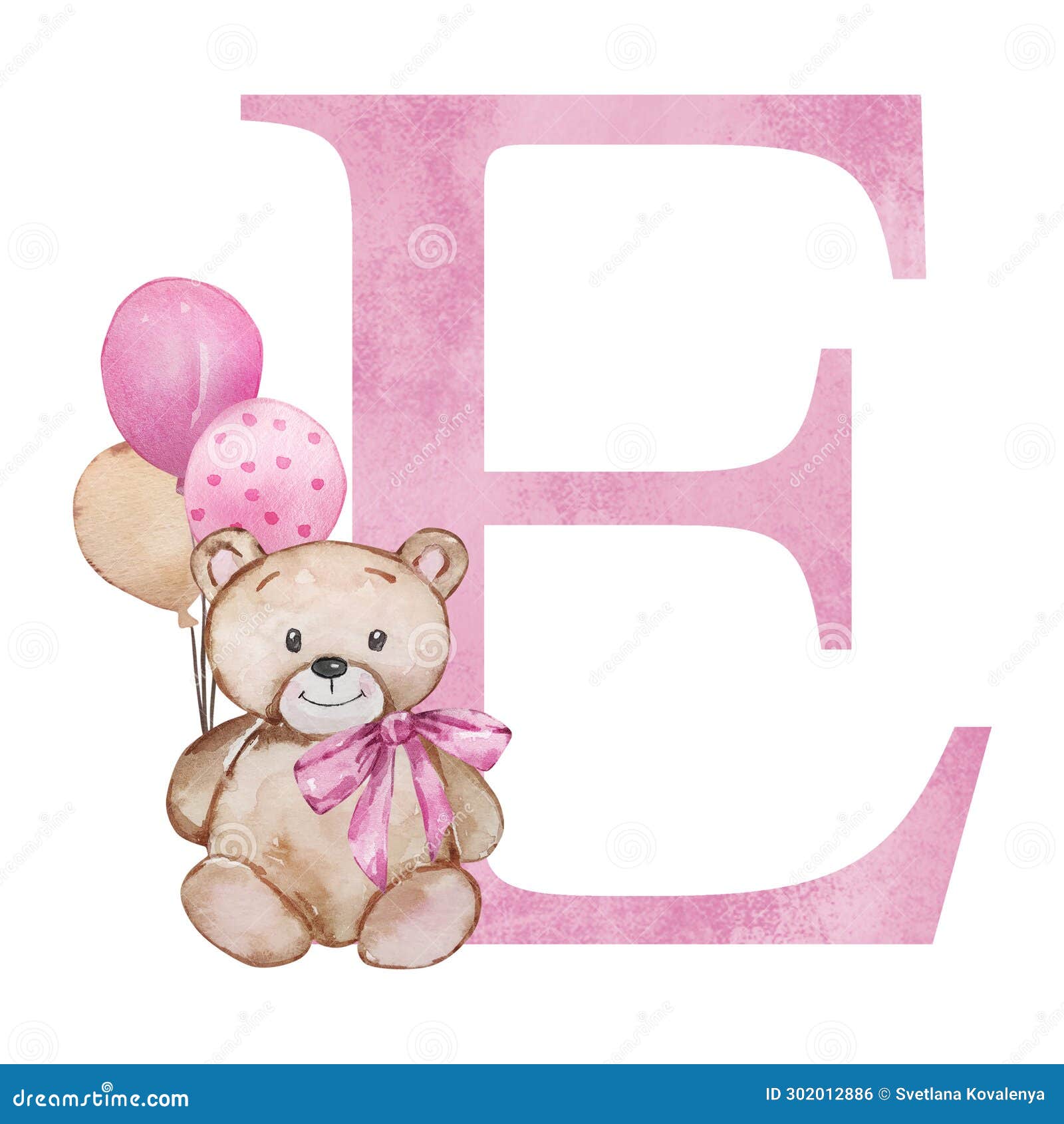 Pink Letter E with Watercolor Teddy Bear Stock Photo - Image of love ...