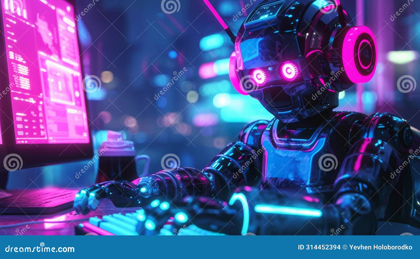 Pink Light Blue and Dark Blue Robot Working in the Computer. Neon Juicy ...