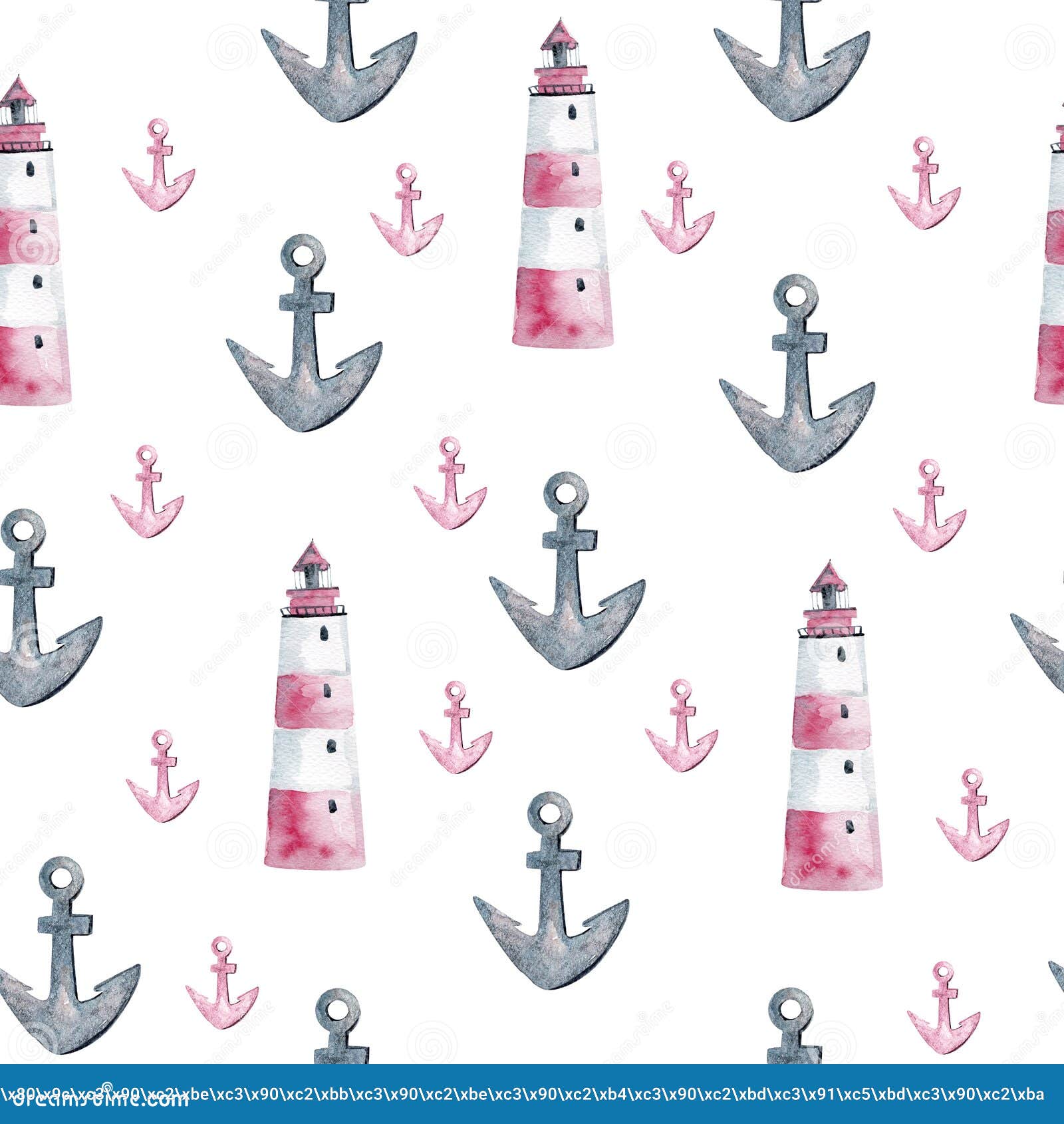 Pink Lighthouse and Anchor Watercolor Seamless Pattern Stock Photo ...