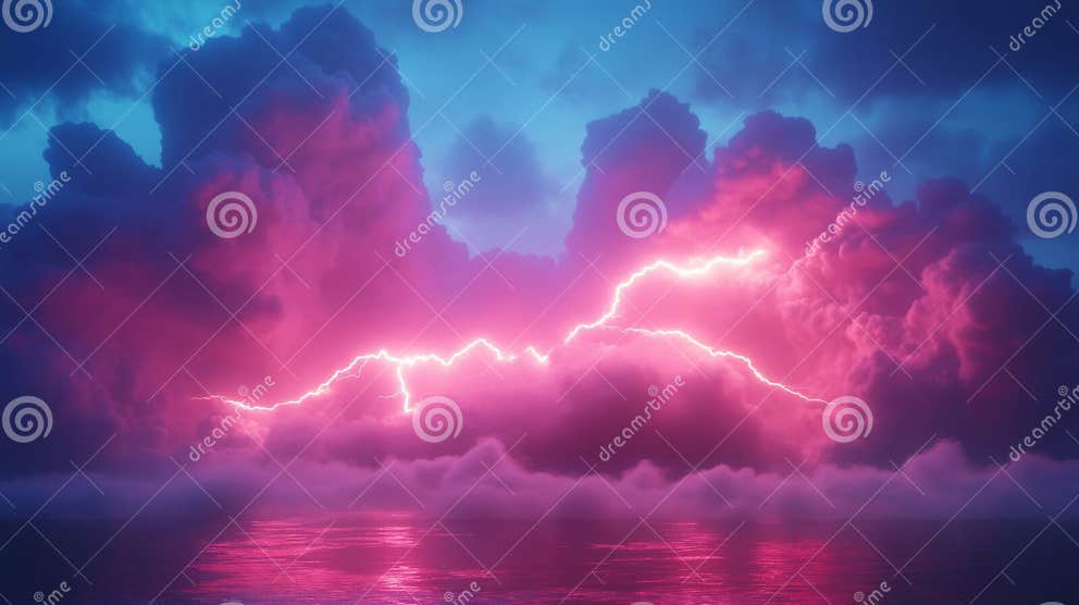 Pink Lightning Strikes Dramatic Clouds Over Ocean Stock Illustration ...