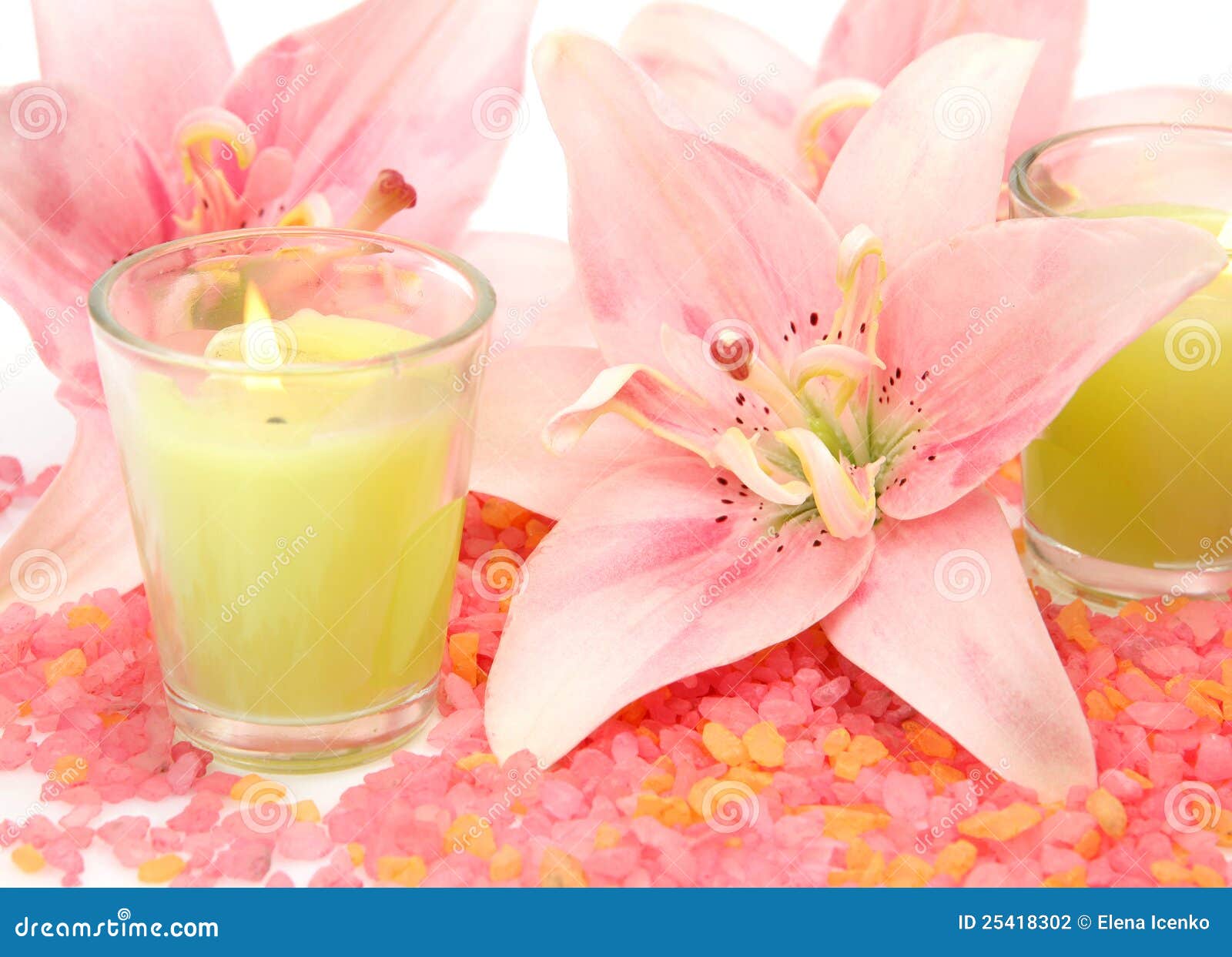 Pink lilies and candles stock photo. Image of green, salt - 25418302