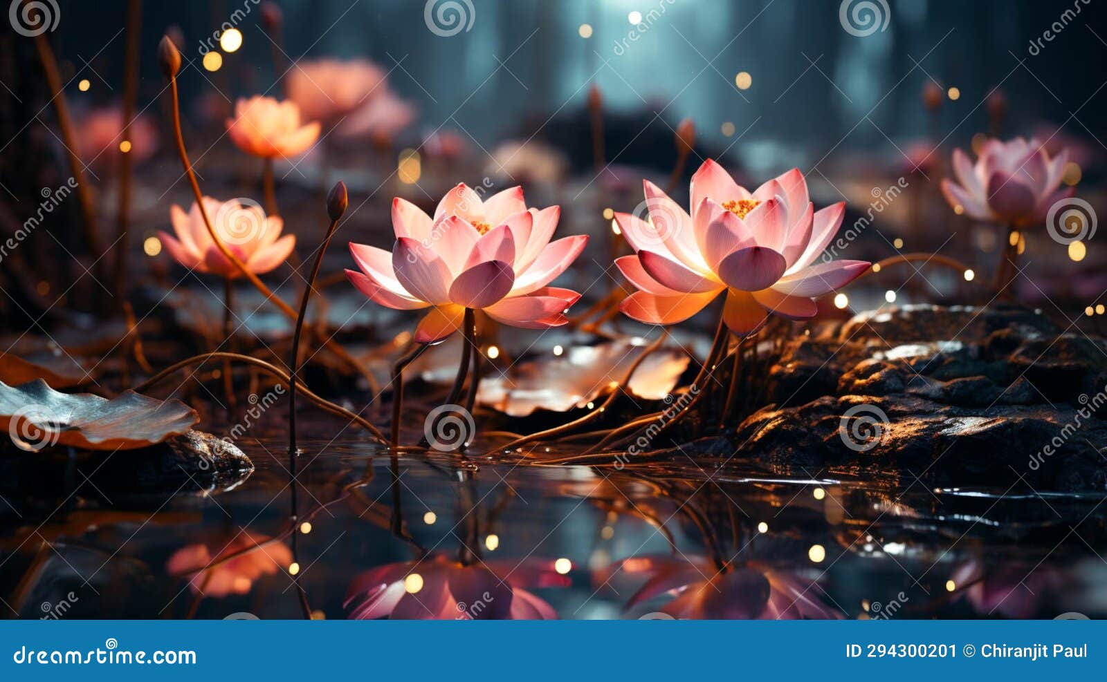 A Pink Lotus is in Full Bloom in Moonlit Light Stock Image - Image of ...