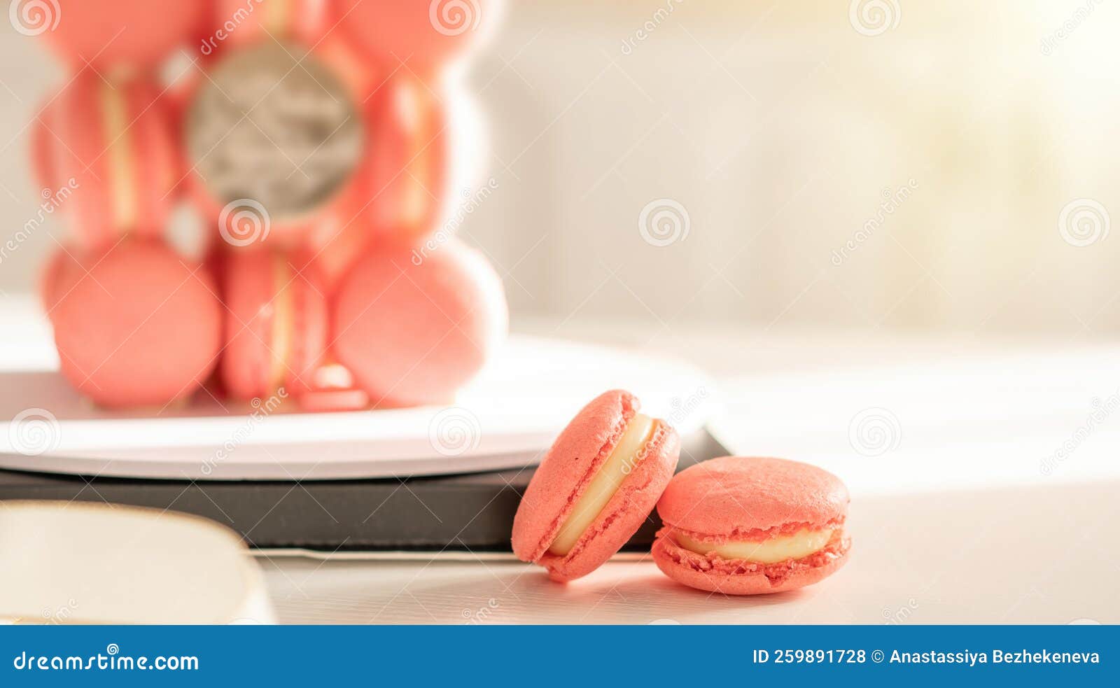 Pink Macaron Cake on Round Stand in the Sun Stock Photo - Image of ...
