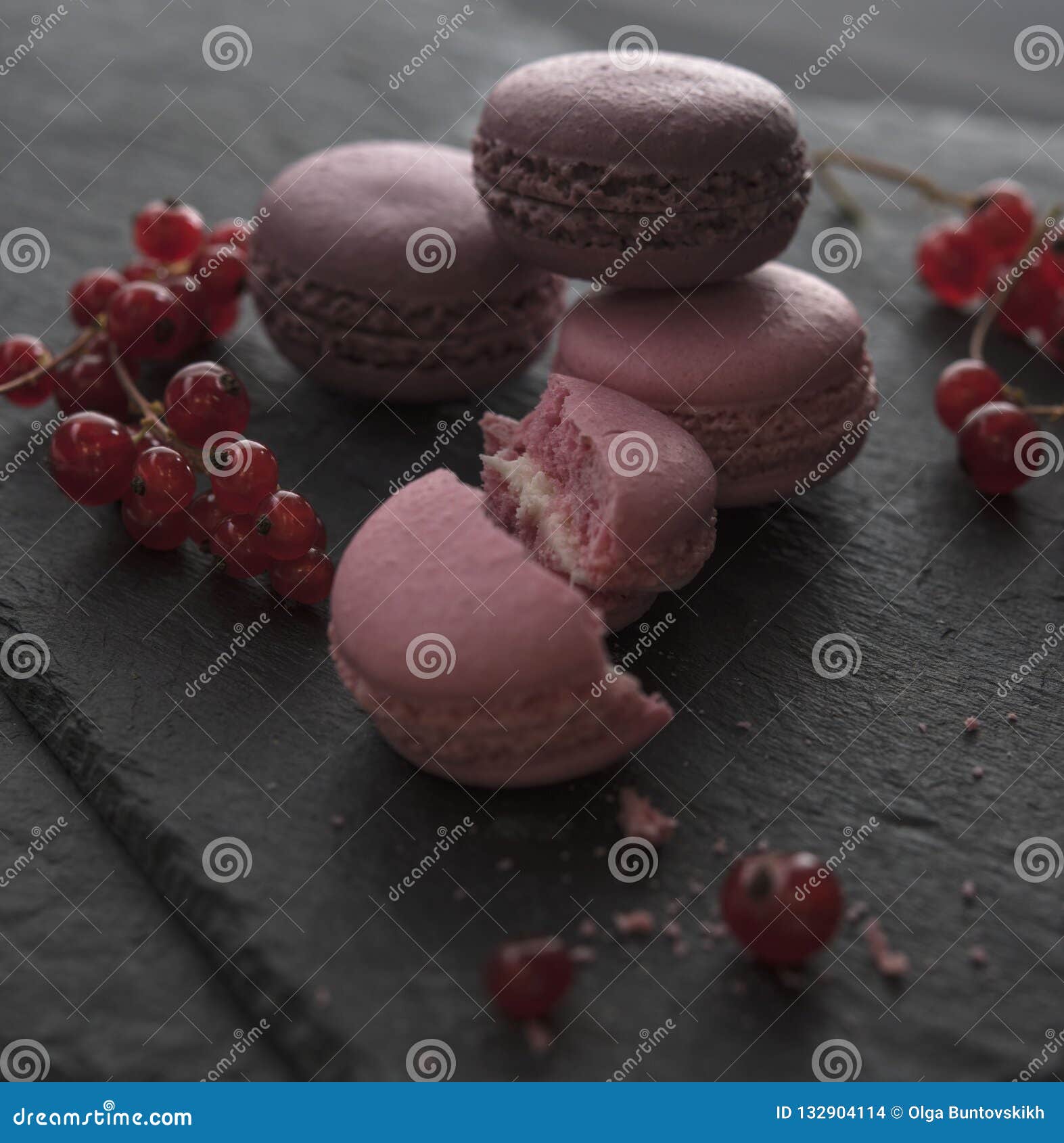 Pink Macaroons Red Currant Low Key Macro Black Board Close Up Back ...