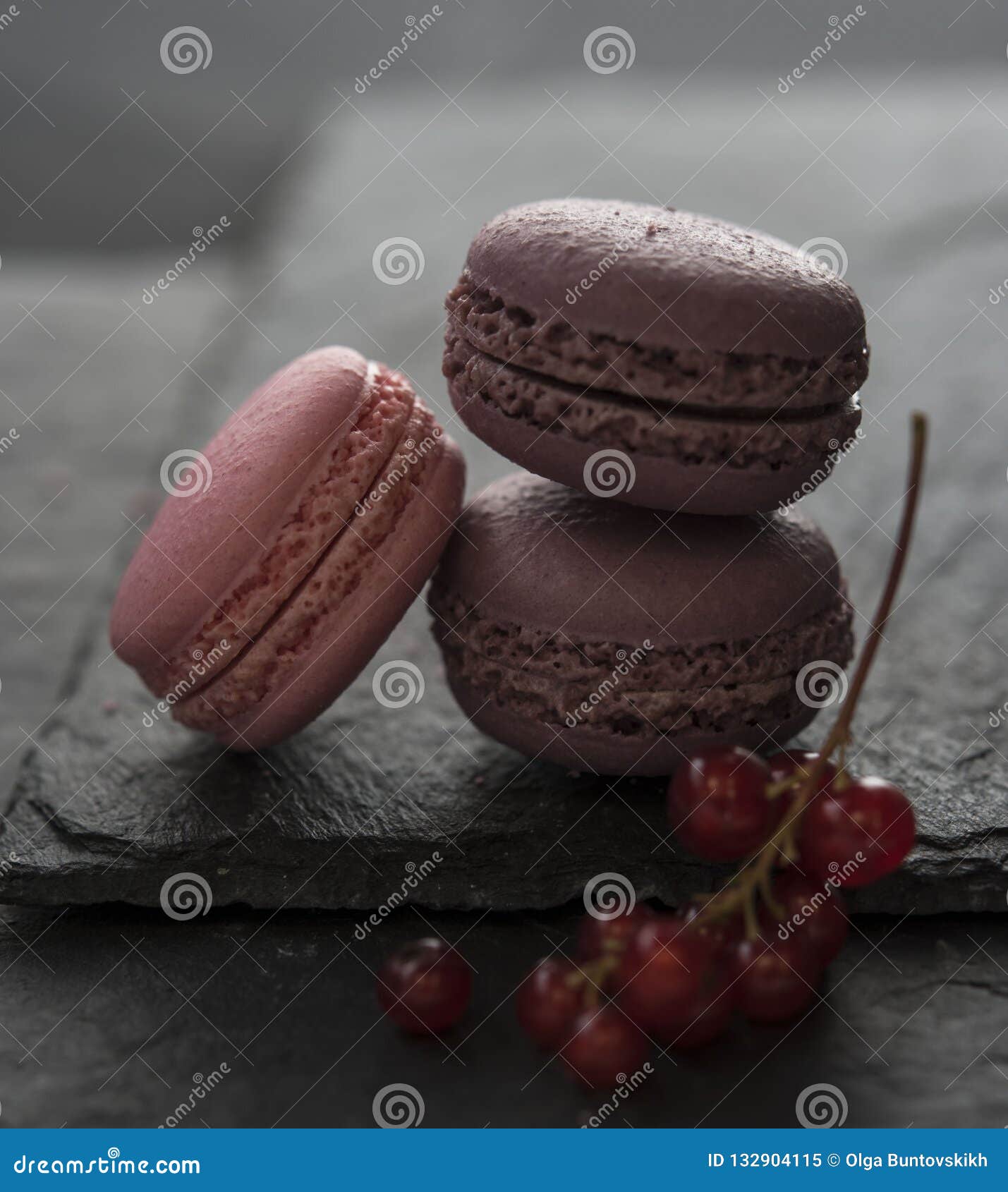 Pink Macaroons Red Currant Low Key Macro Black Board Close Up Back ...