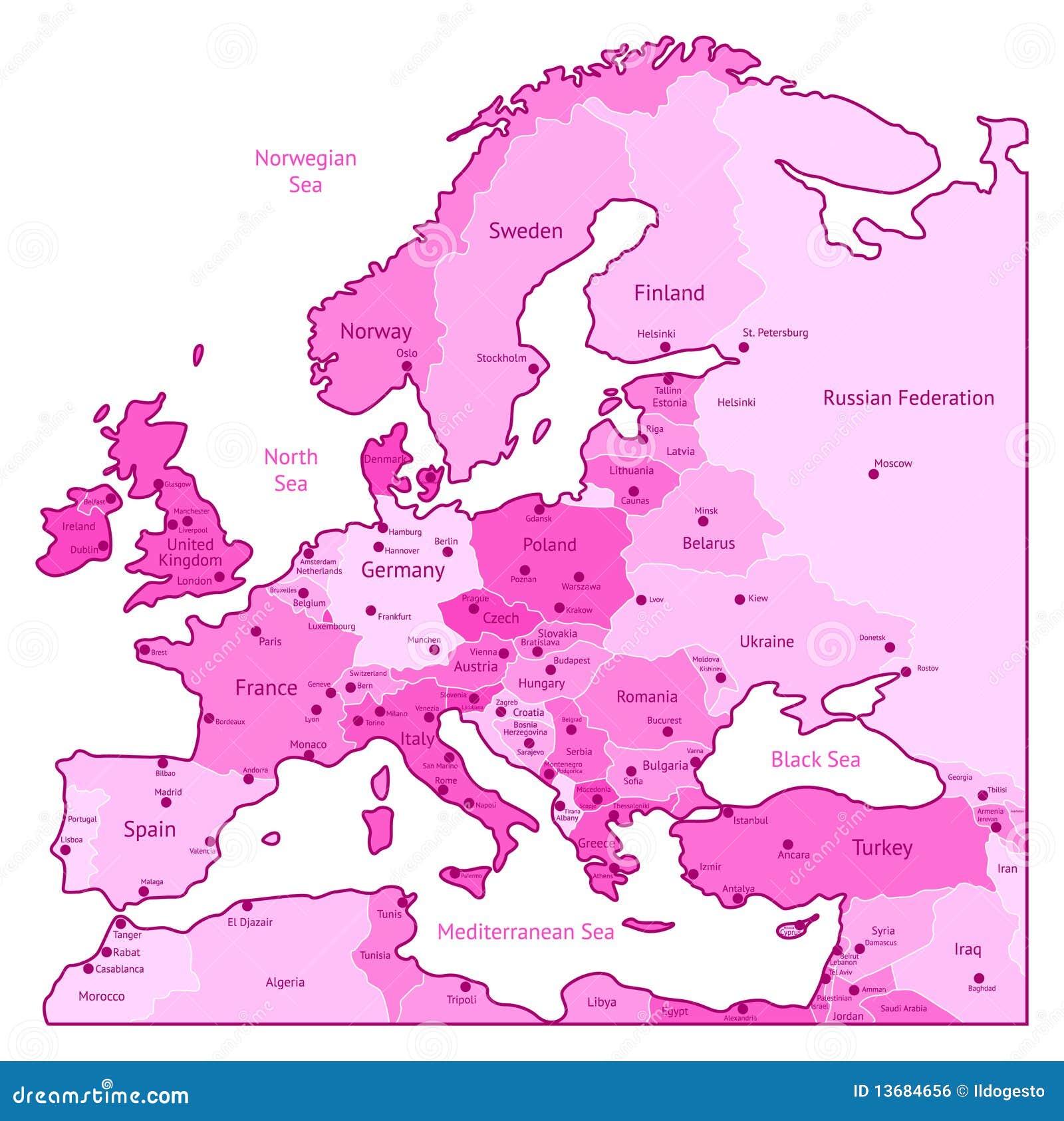 Pink map of Europe stock vector. Illustration of north - 13684656