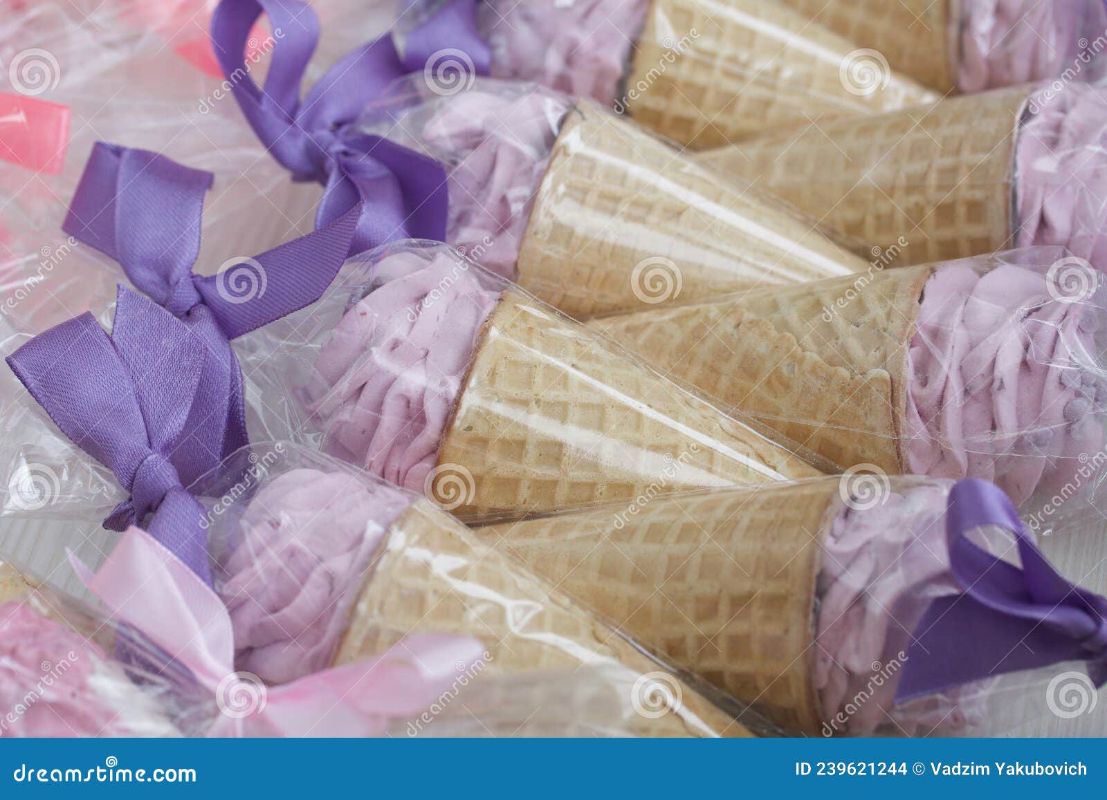 Pink Marshmallow in Waffle Cones. Packed in Sachets Stock Photo - Image ...