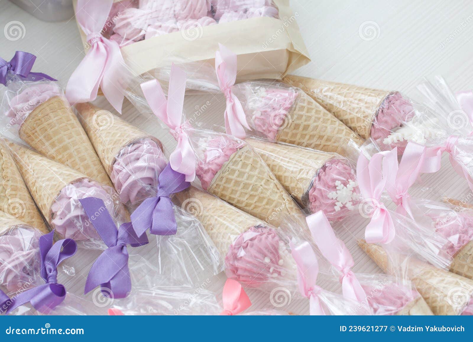 Pink Marshmallow in Waffle Cones. Packed in Sachets. Close-up Stock ...