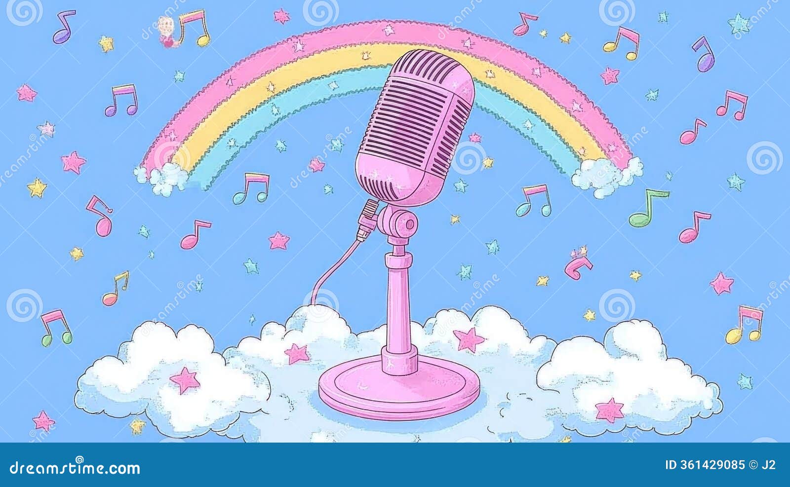 Pink Microphone with Rainbow and Musical Notes on Cloudy Sky Background ...