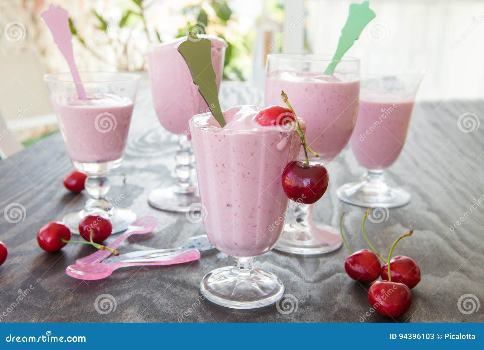Pink Milkshake with Cherries Stock Image - Image of party, flavor: 94396103
