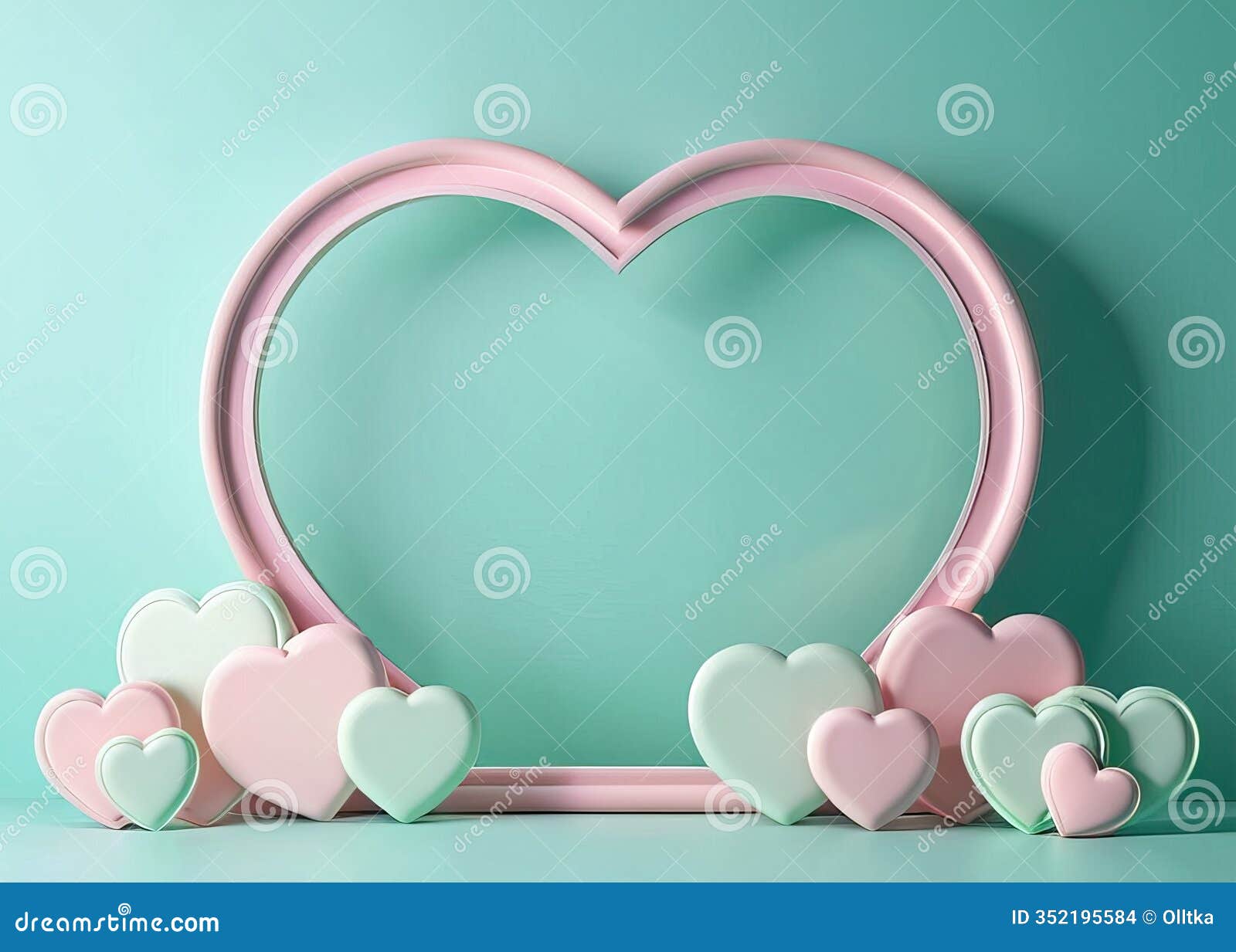Pink and Mint Green Heart Shapes with a Large Heart Frame on a Pastel ...