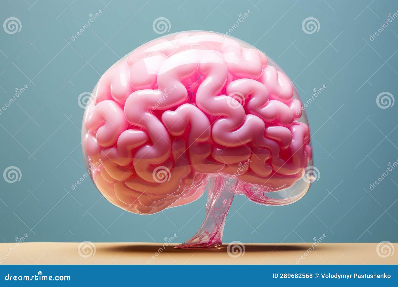 Pink Model of Human Brain on Table with Blue Background. Generative AI ...