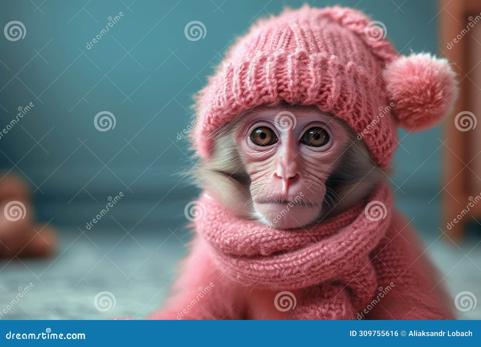 A Pink Monkey in a Warm Hat Sitting in a Blue Interior Stock Photo ...