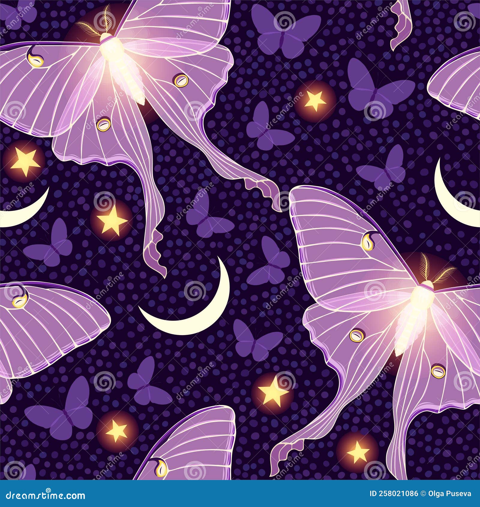 Pink Moon Moth with Stars Vector Seamles Pattern Stock Illustration ...