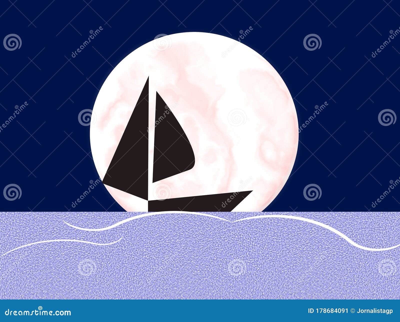 Pink Moon with Sailing Boat Vector Stock Illustration - Illustration of ...