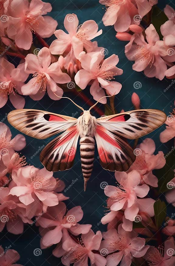 Pink moth and flowers. stock illustration. Illustration of butterfly ...