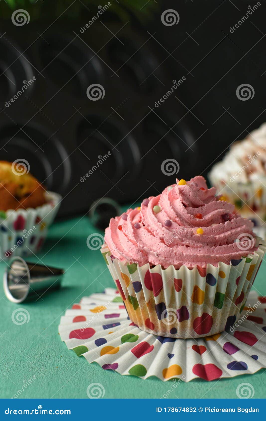 Pink Muffins stock photo. Image of food, green, sweets - 178674832