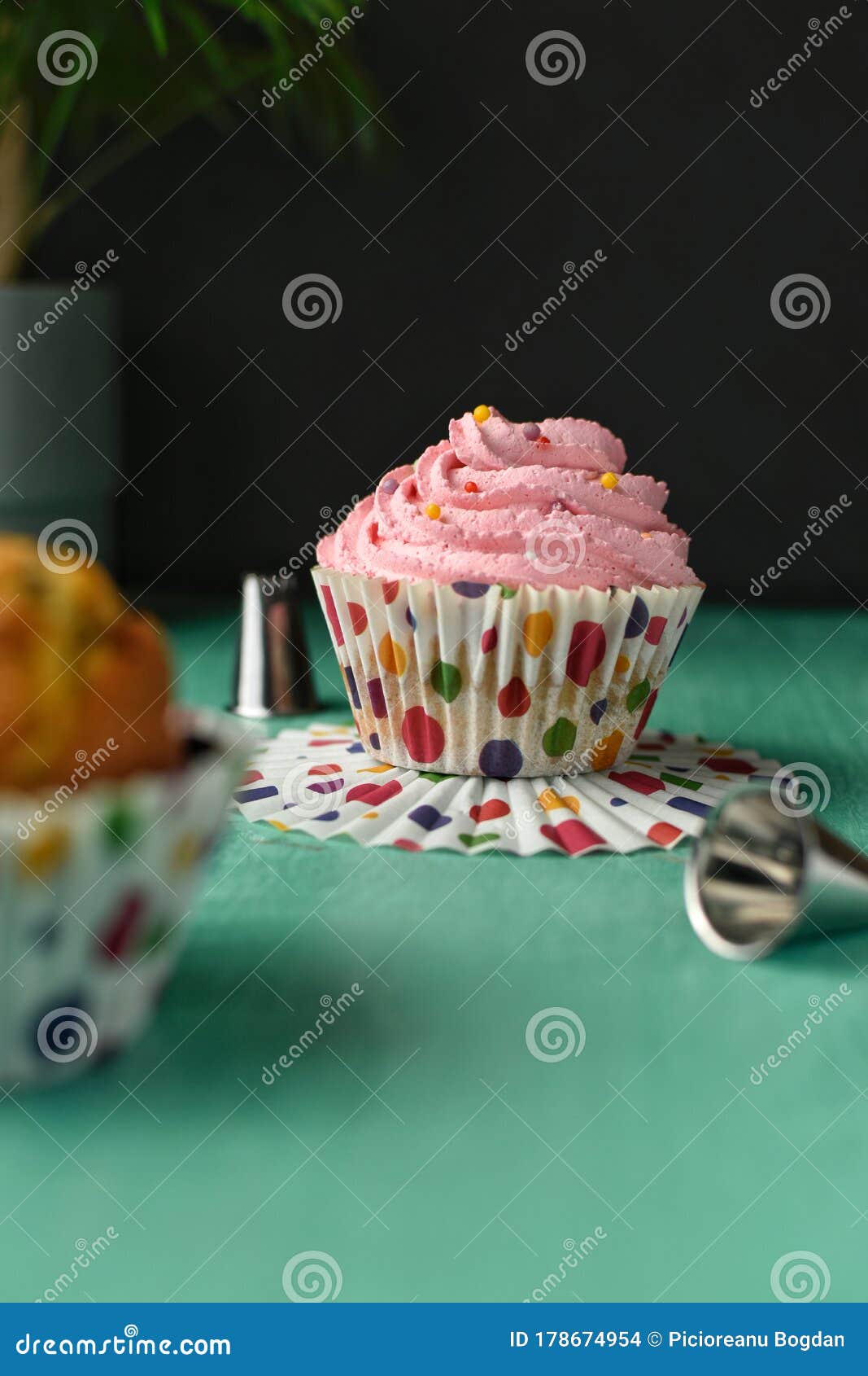 Pink Muffins stock photo. Image of brioche, sweets, green - 178674954