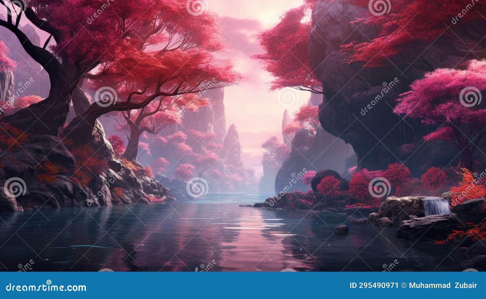 "Pink Fantasy River Landscape Scene" Stock Illustration - Illustration ...