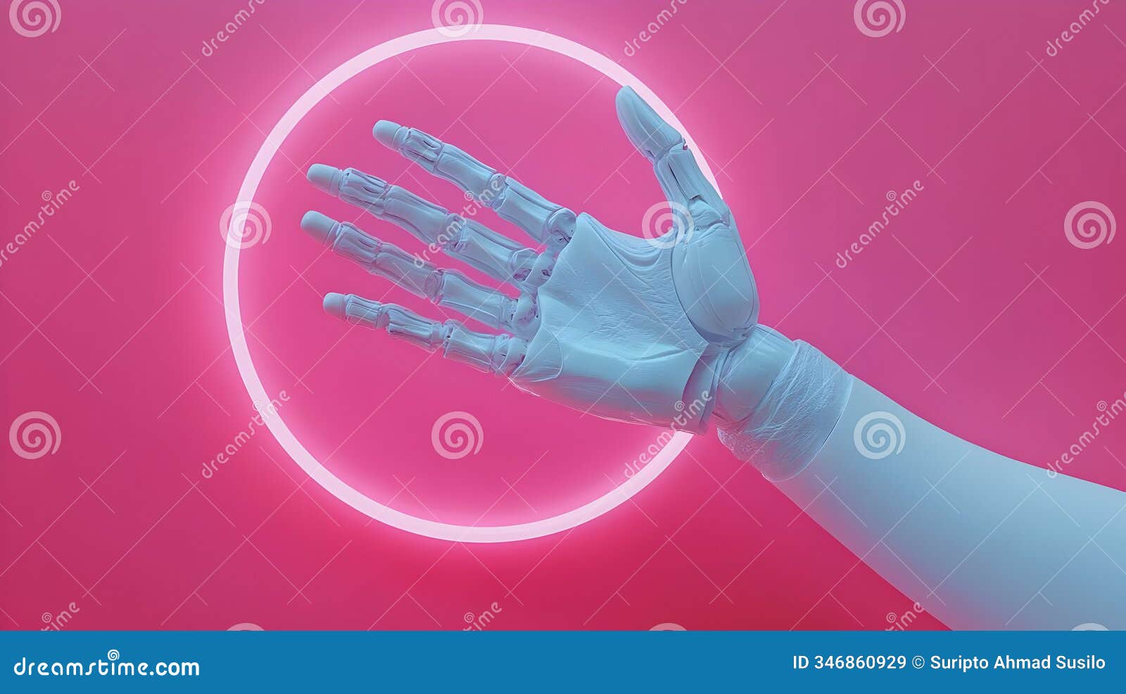 Pink Neon Circle and Robotic Hand 3D Illustration Stock Illustration ...