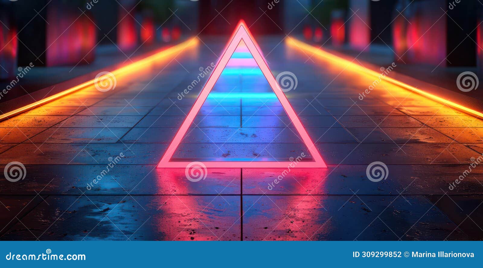 Pink Neon Triangle with Glowing Lines on Reflecting Floor, Abstract ...