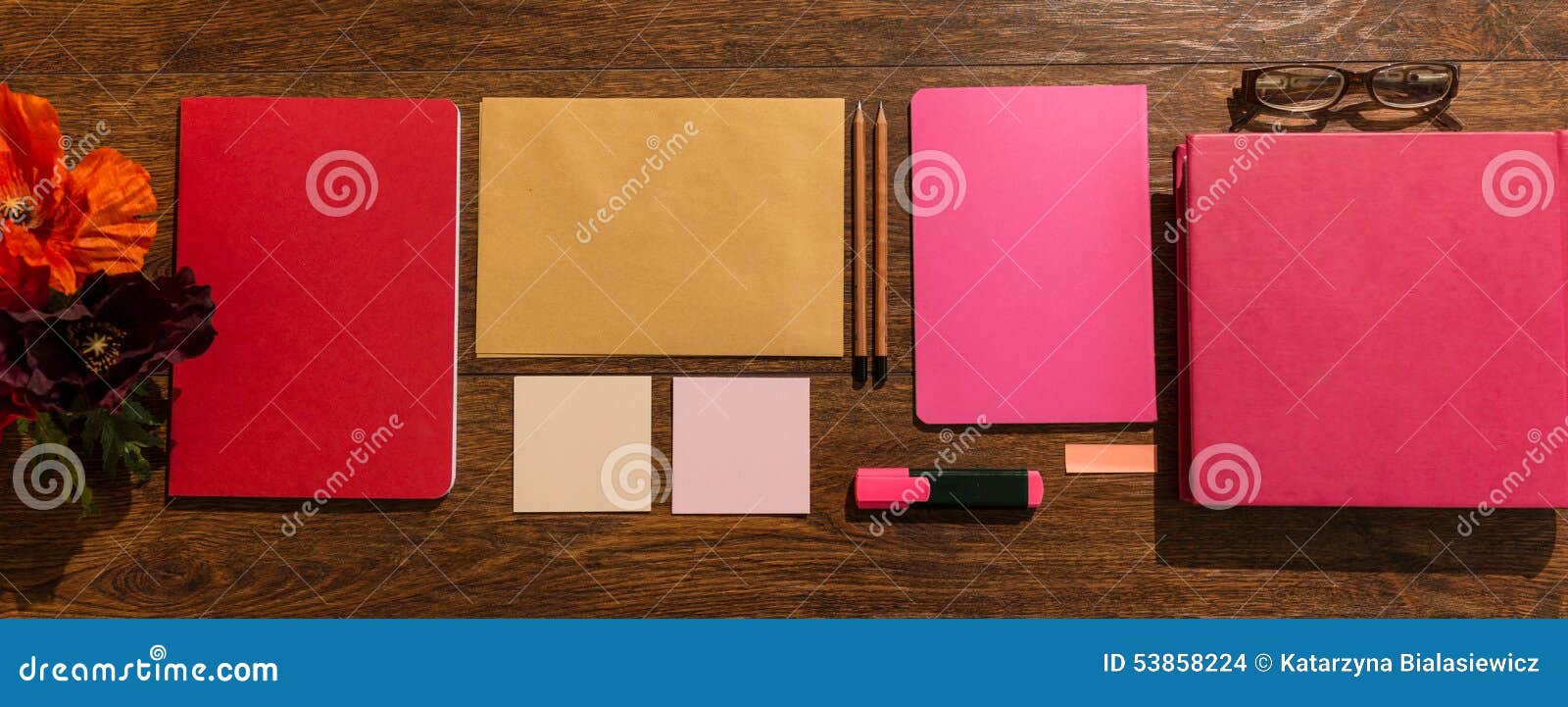 Pink notebooks on desk stock photo. Image of empty, desk - 53858224