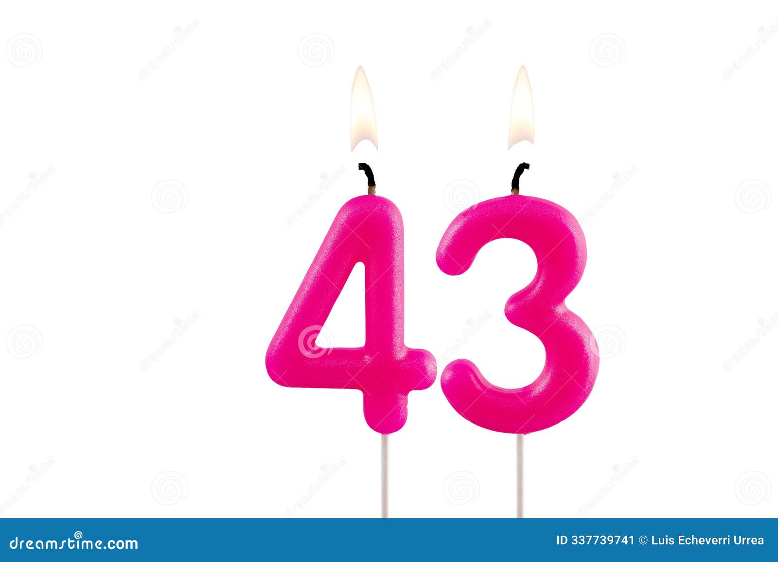 Pink Number 43 Birthday Candle Lit on White Background Stock Image ...