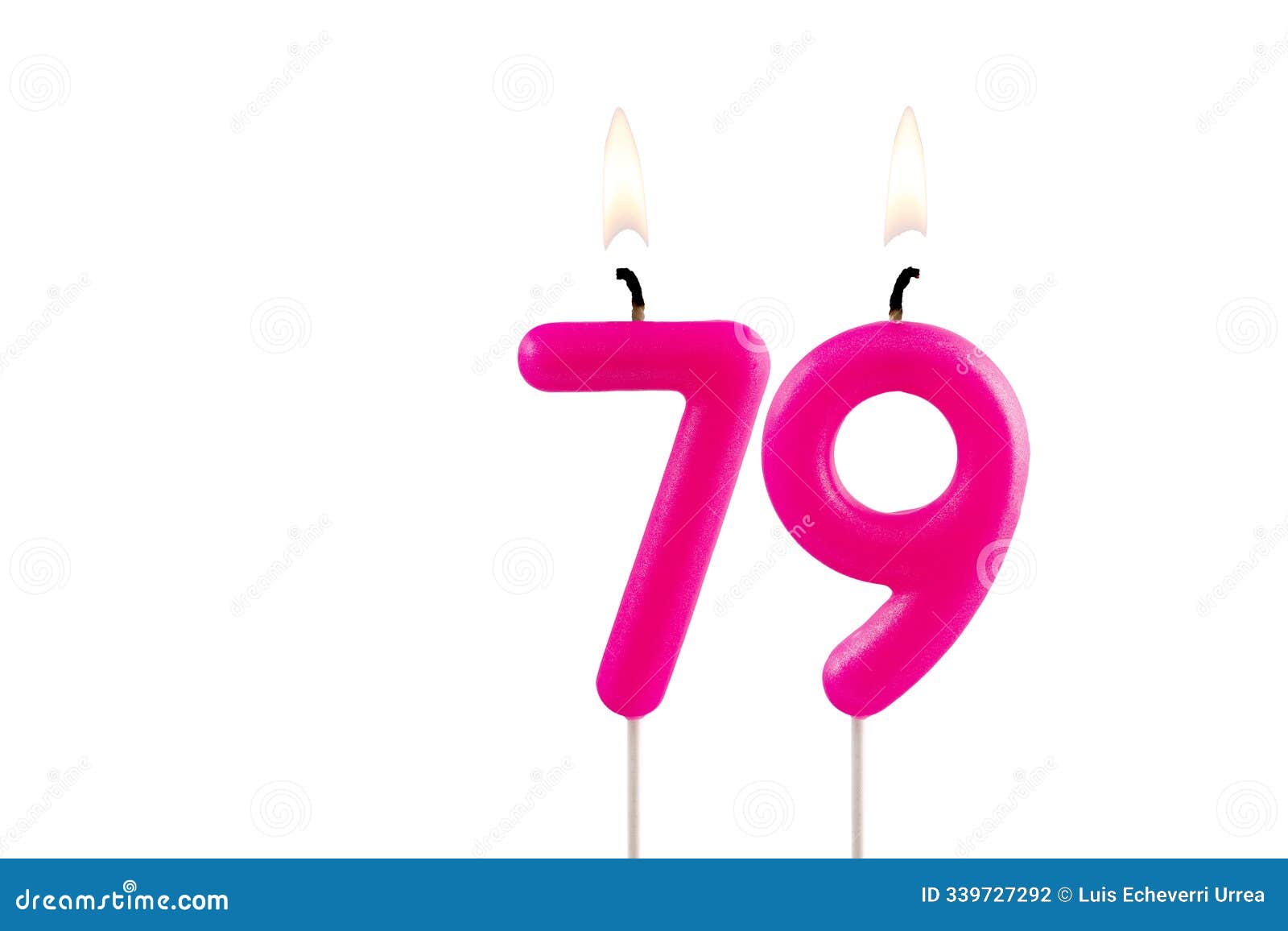 Pink Number 79 Birthday Candle Lit on White Background Stock Photo ...