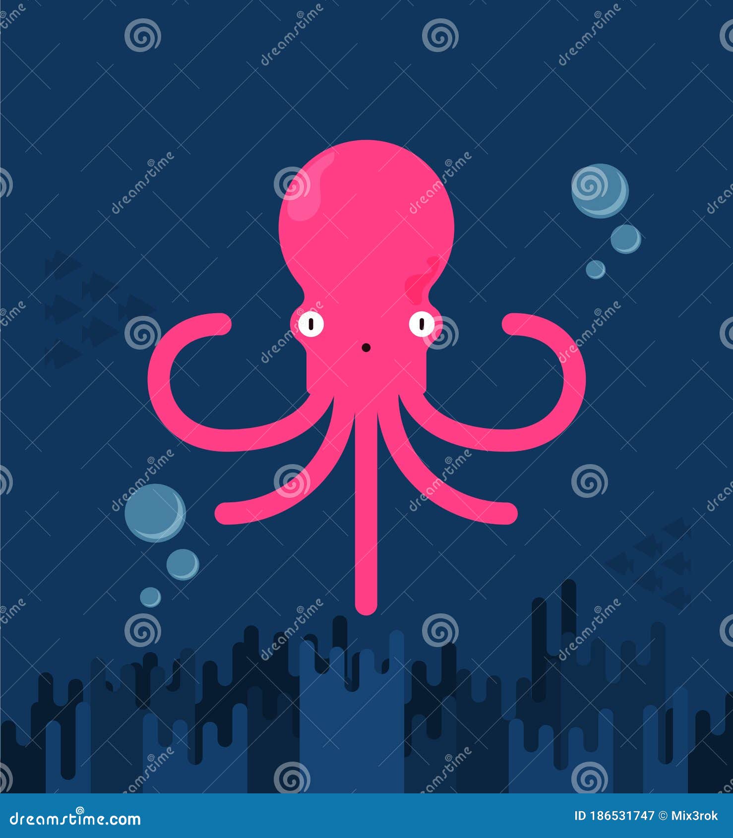 Pink Octopus, Sea Creature in Flat Design. Character Vector ...