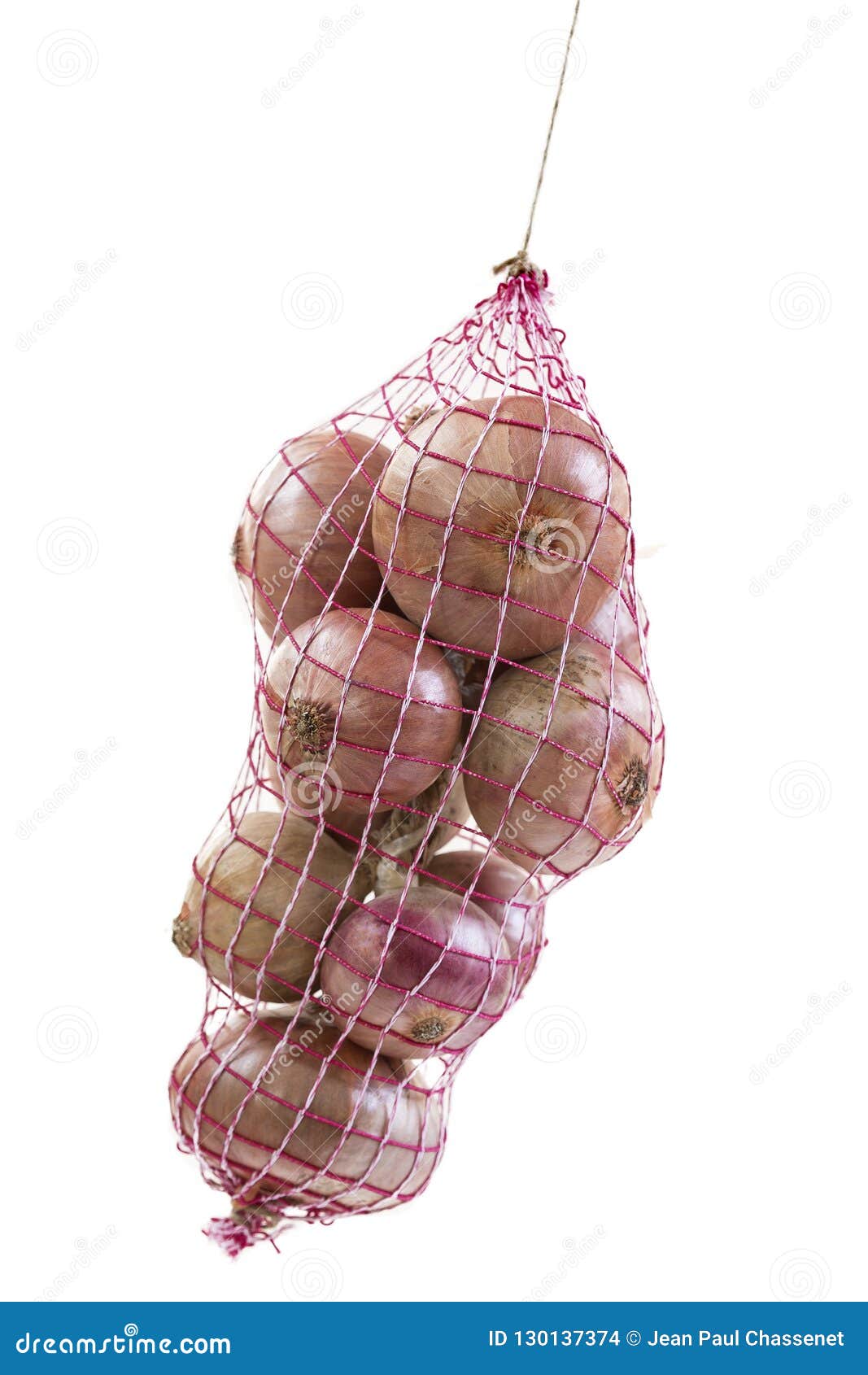 Pink Onion Hanging Packed in a Red Net Bag on White Background Stock ...