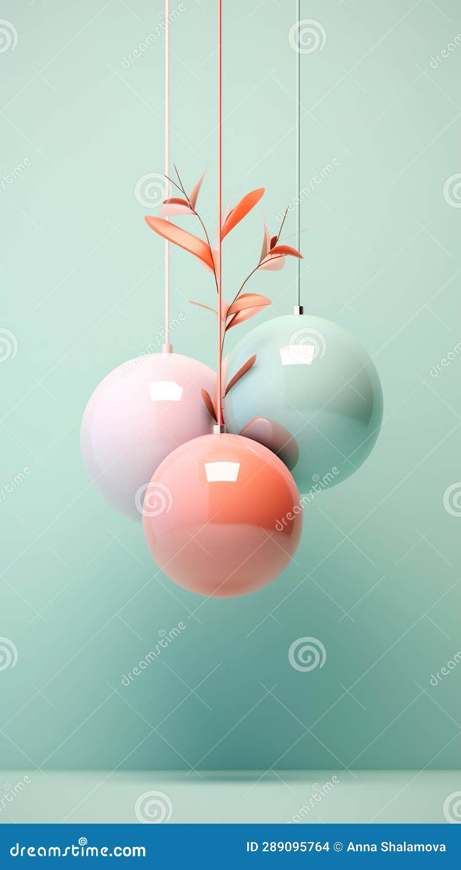 Pink and Orange Balls Hanging on Strings, Green Background Stock ...