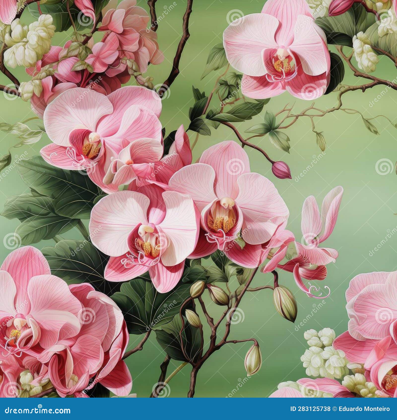Pink Orchid Flower Pattern on a Green Background (tiled) Stock ...