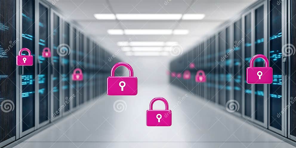 Pink Padlocks Floating in a Data Server Room Symbolizing Cybersecurity ...