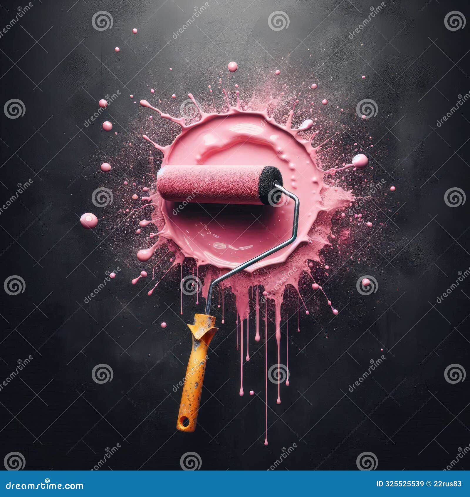 Pink Paint Splatter with Roller on Black Surface, Creating a Vivid ...