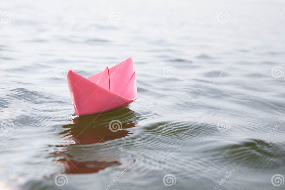 Pink Paper Boat on Water Surface, Space for Text Stock Image - Image of ...