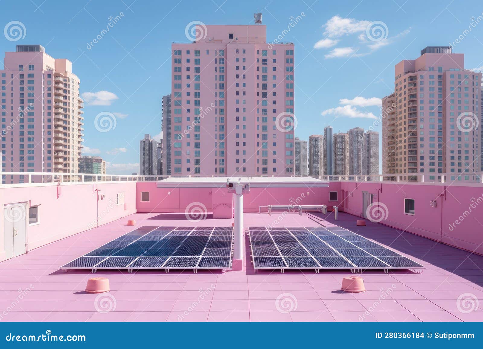 Pink Pastel Solar Panel Modern City Skyline with Ai Generated Stock ...