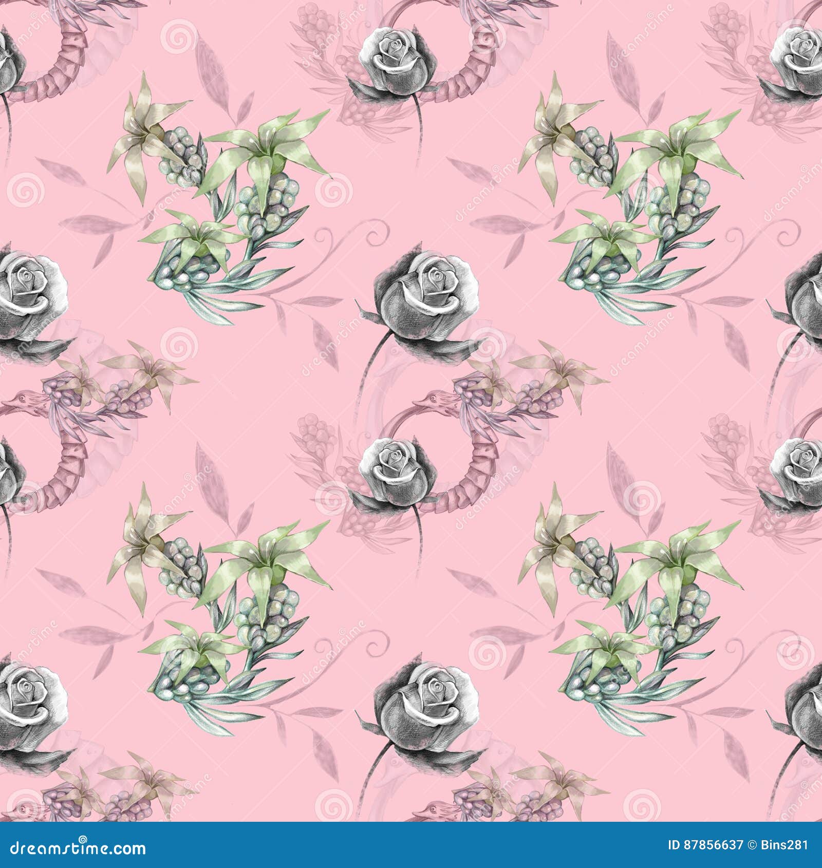 Pink Pattern with Gray Roses Stock Illustration - Illustration of ...