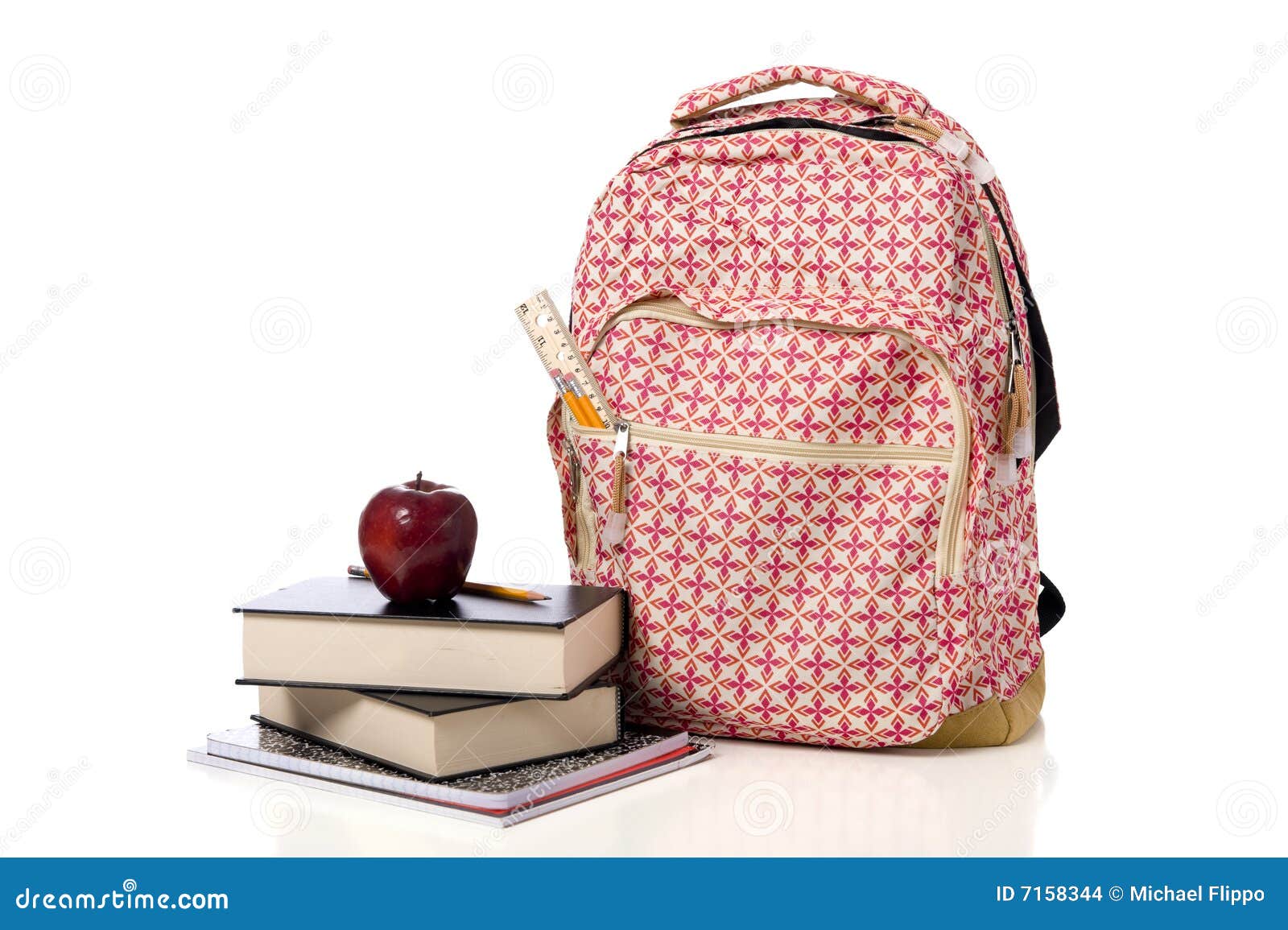 Pink Patterned Back Pack with Supplies Stock Photo - Image of school ...