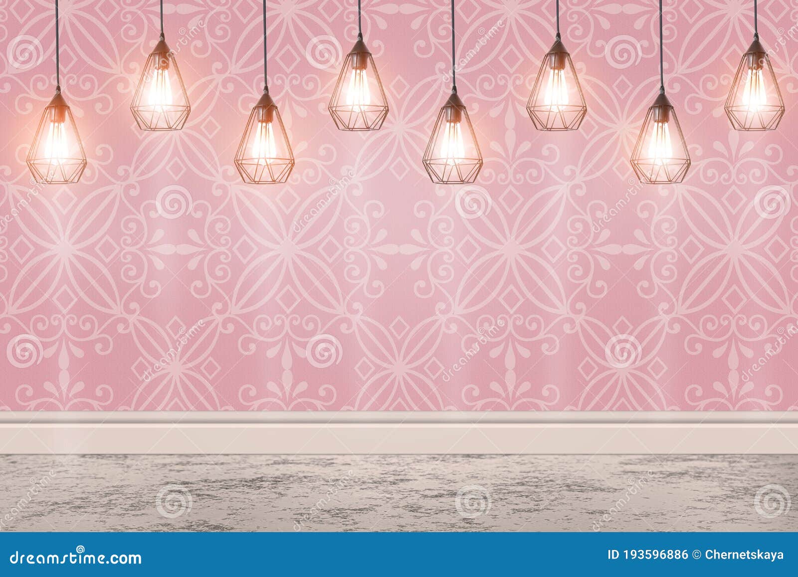 Patterned Wallpaper and Glowing Hanging Lamps in Room Stock Photo ...